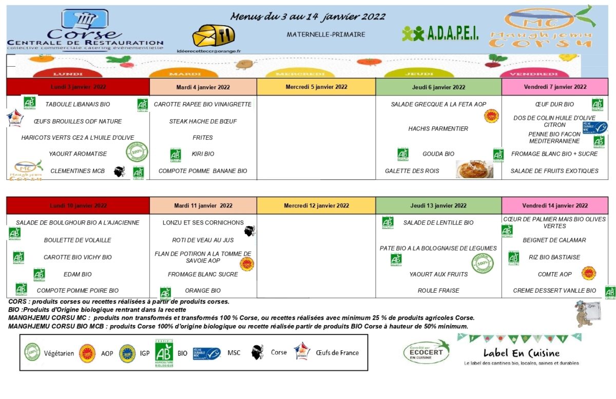 Menu de la cantine du mois de Janvier 2022 - Mairie de Saint-Florent