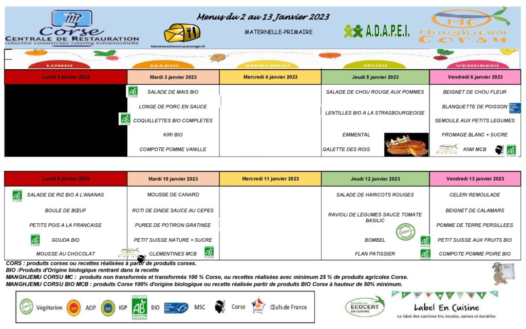 Menu de la cantine du mois de Janvier 2023 - Mairie de Saint-Florent